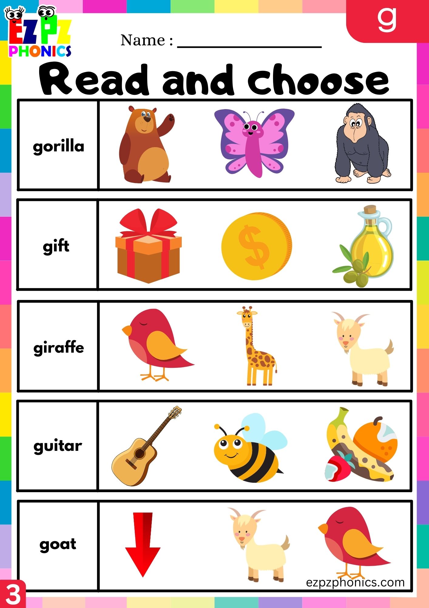 Letter g Cut Read and Choose the Images Phonics Activity Group 3 - ezpzphonics.com